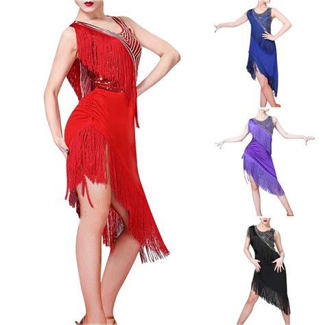 Lovskoo Women Latin Dance Dress Sequin Tassel Fringe Flapper Dress