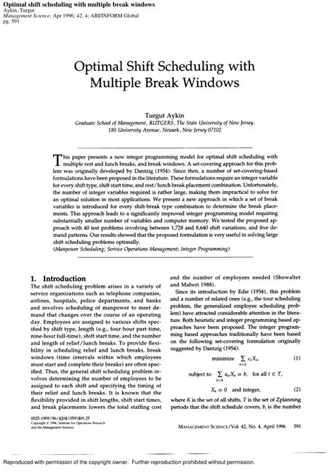 Pdf Optimal Shift Scheduling With Multiple Break Windows