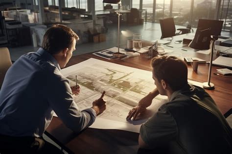 Premium Photo Engineers And Architects Reviewing Blueprints For 00585 03