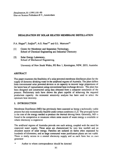 Pdf Desalination By Solar Heated Membrane Distillation