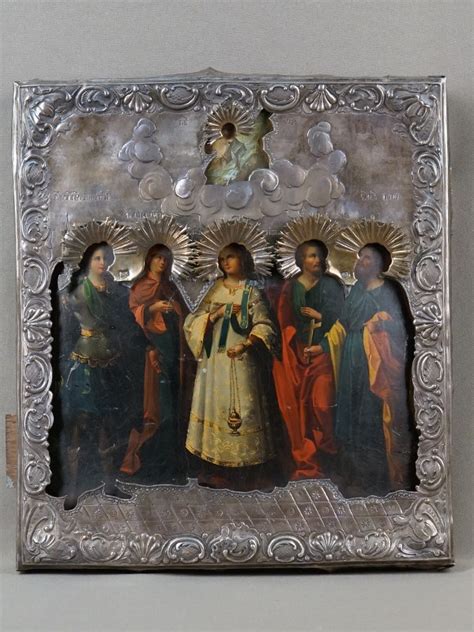 Икона «Избранные Святые Самон Гурий Авив Димитрий Анна дерево масло 31 4 × 28см Xix