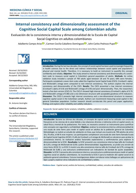 Pdf Internal Consistency And Dimensionality Assessment Of The Cognitive Social Capital Scale