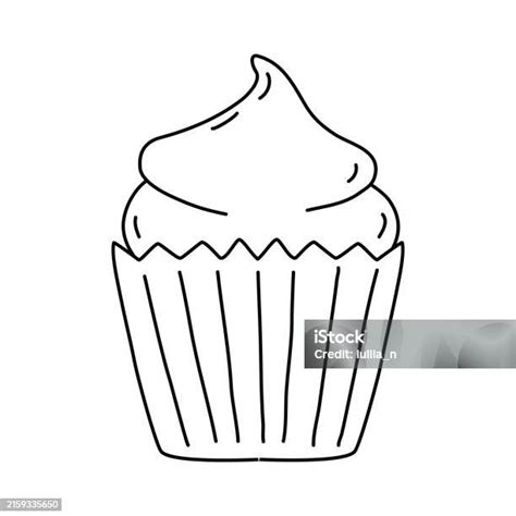 크림 또는 아이싱을 가진 귀여운 컵케익 낙서 스타일 색칠하기 책에 대 한 평면 벡터 개요 검은색에 대한 스톡 벡터 아트 및 기타 이미지 검은색 낙서 드로잉 달콤한