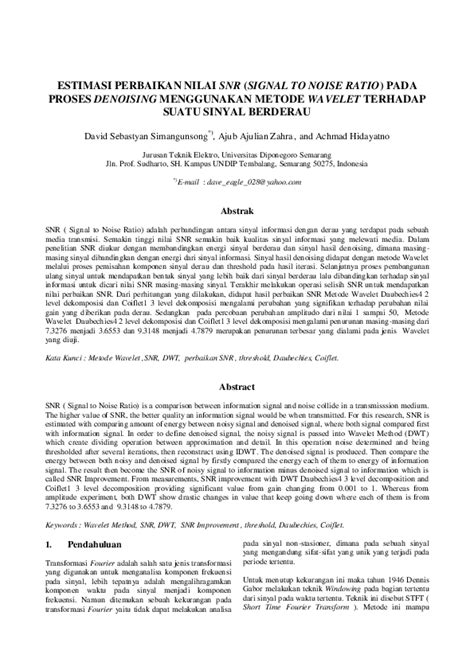 Pdf Estimasi Perbaikan Nilai Snr Signal To Noise Ratio Pada Proses Denoising Menggunakan