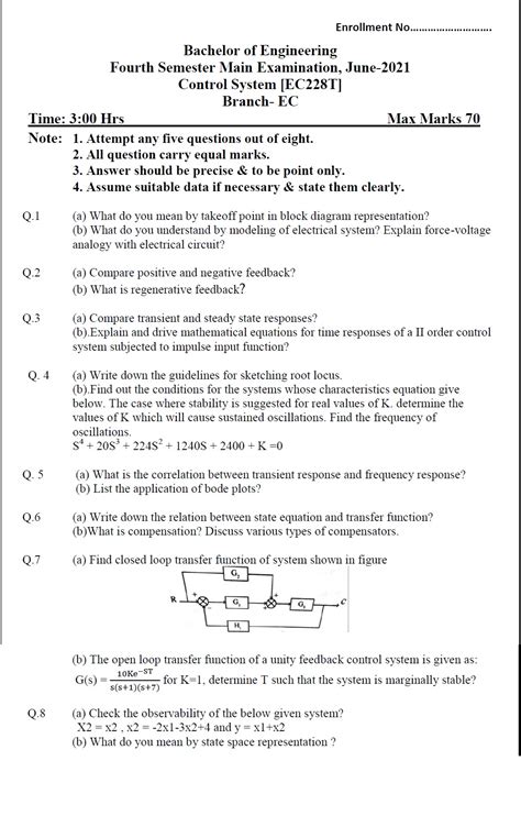 Dr A P J Abdul Kalam University Be Iv Sem Ec Control System [ec228t] June 2021 Question