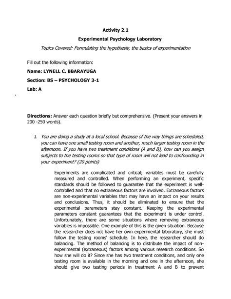 Activity 2 1 Topics Covered Formulating The Hypothesis The Basics Of Experimentation