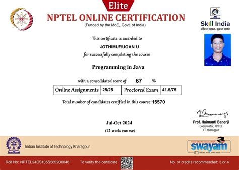Jothimurugan U On Linkedin I Have Completed Programming In Java On Nptel And Got Certificate With