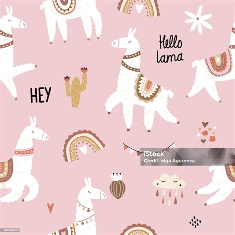 보헤미안 스타일의 밝은 색상의 귀여운 라마가 있는 벡터 이음매 없는 패턴 귀여운 만화 라마 어린이 인쇄물에 이상적입니다 0명에 대한 스톡 벡터 아트 및 기타 이미지 Istock