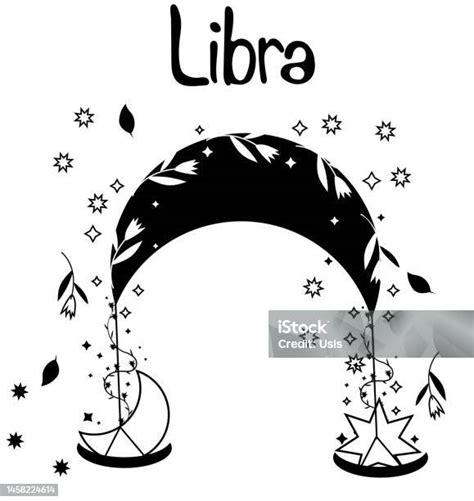 흑백 천칭 자리 점성술 기호입니다 화려한 나뭇잎과 별이 있는 조디악 표지판 천칭 자리는 포스터 로고 카드에 적합합니다 벡터 그림입니다 0명에 대한 스톡 벡터 아트 및 기타