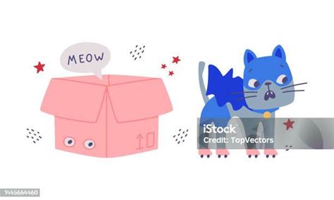 재미 있은 고양이 슈퍼 히어로 상자에 숨어있는 귀여운 새끼 고양이 파란색 마스크와 망토 만화 벡터 일러스트 레이 션에 귀여운