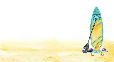 수채화 배너 템플릿 모래 해변에 서 있는 풍선 패들보드 검은 패들 두 갈매기 밝은 스탠드 업 패들 보드 Sup 물 위의 여름 휴가 스케치의 손으로 그린 그림 0명에 대한