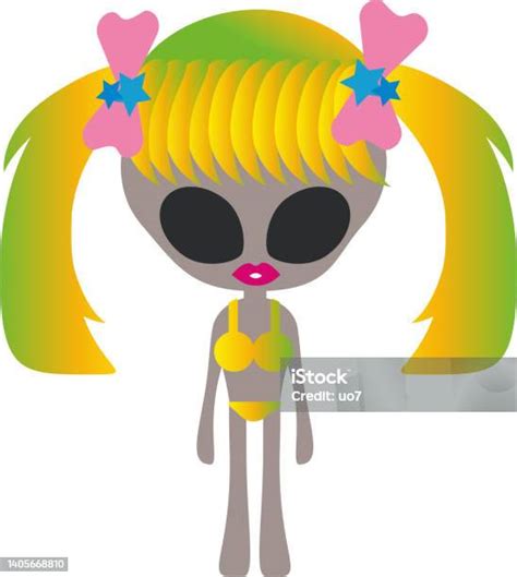 만화 귀여운 재미 회색 소녀 외계인 캐릭터 서 포즈와 피그 테일 흰색 배경 평면 디자인 벡터 일러스트 레이 션 Eps10에 격리