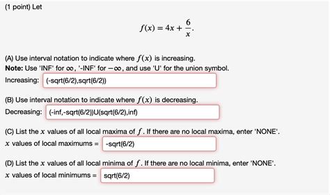 Solved 1 Point Let Fx 4x O A Use Interval