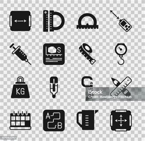 영역 측정 교차 눈금자와 연필 손 스케일 스프링 기계 트랙터 주사기 및 측정 테이프 아이콘을 설정합니다 벡터 깊이표식에 대한