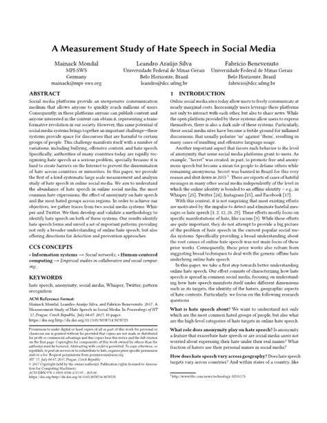 A Measurement Study Of Hate Speech In Social Media Docslib