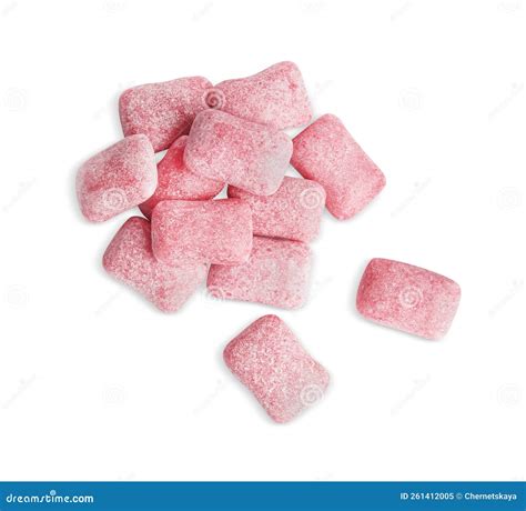 Heap Of Tasty Sweet Chewing Gums On White Background Top View Stock