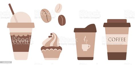 벡터 그림은 흰색 배경에 일회용 커피 컵 아이콘과 초콜릿 컵케이크 아이콘을 설정합니다 건강에 좋지 않은 음식에 대한 스톡 벡터