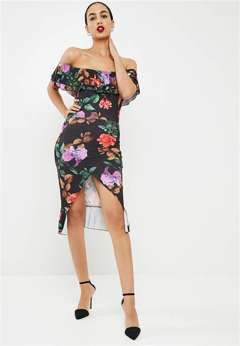 Floral Print Frill Detail Bardot Midi Dress Black Missguided Occasion