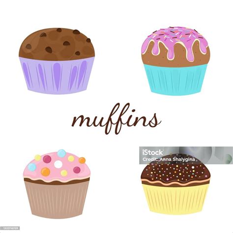 머핀 세트 초콜릿 조각과 케이크 아이싱 앙 뿌려 벡터 컬렉션 개체 그룹에 대한 스톡 벡터 아트 및 기타 이미지 개체 그룹 다중 색상 달콤한 음식 Istock