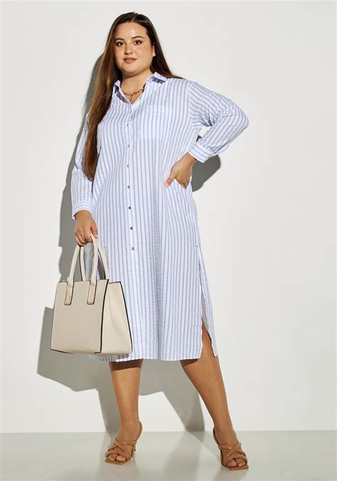 Buy Womens Plus Size Striped Shirt Dress With Slits And Pocket Online