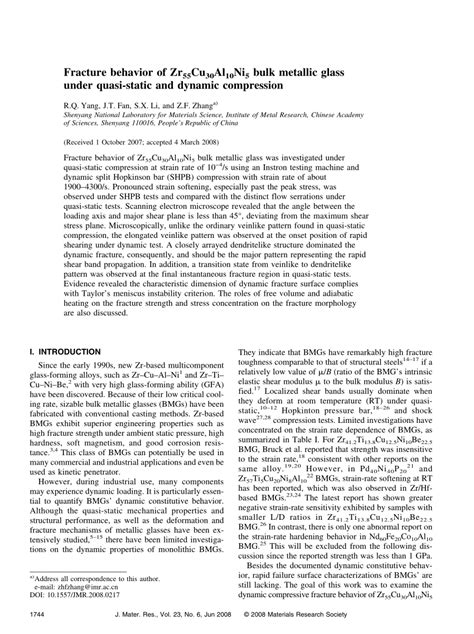Pdf Fracture Behavior Of Zr55cu30al10ni5 Bulk Metallic Glass Under Quasi Static And Dynamic