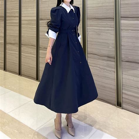 헤이올라 배색 카라 셔츠 퍼프 플레어 트렌치 코튼 롱원피스베이지 네이비 여유핏 빅사이즈 오피스 정장 모임 격식 결혼식하객룩
