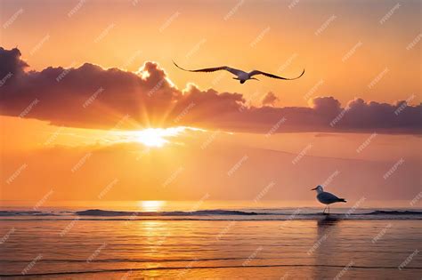 Premium Ai Image Birds Flying In The Sunset Sky With Clouds And A Sunset