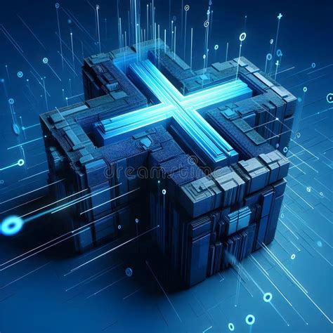 Futuristic Glowing Cross Emanating From Metallic Cube With Data Flow