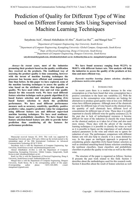 Pdf Prediction Of Quality For Different Type Of Wine Based On Different Feature Sets Using