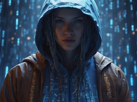 Premium Ai Image Cyber Security Concept With A Futuristic Hacker Wearing A Hoodie Surrounded