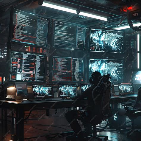 Hacker In Action Multimonitor Setup With Complex Code Displays
