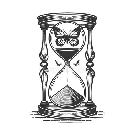 Vintage Hourglass Butterflies Engraving Raster Stock Illustration