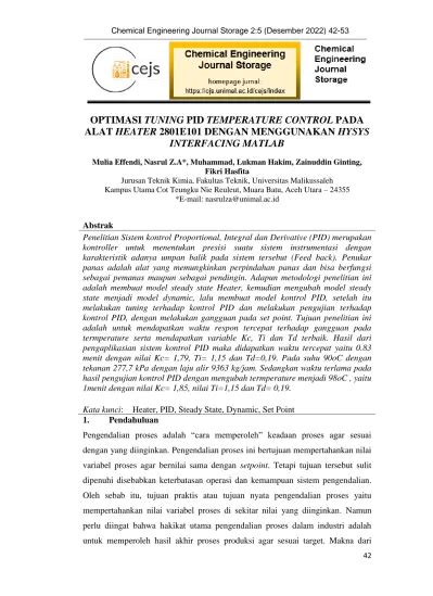 Optimasi Tuning Pid Temperature Control Pada Alat Heater 2801e101 Dengan Menggunakan Hysys