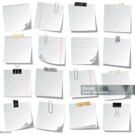 클립 바인더와 접착제 테이프가 있는 사실적인 줄 지어 스티커 노트 빈 노트 용지 시트 정보 미리 알림 벡터 일러스트레이션 0명에
