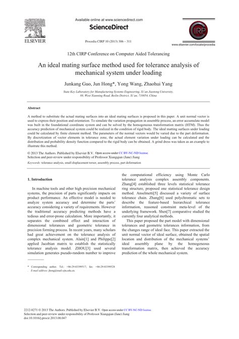 PDF An Ideal Mating Surface Method Used For Tolerance Analysis Of Mechanical System Under Loading