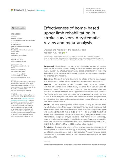 Pdf Effectiveness Of Home Based Upper Limb Rehabilitation In Stroke Survivors A Systematic