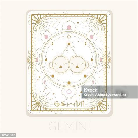 조디악 사인 제미니 카드 달의 위상을 가진 점성술 별자리 상징 흰색 배경에 그래픽 골드 아이콘 벡터 라인 아트 일러스트 레이 션