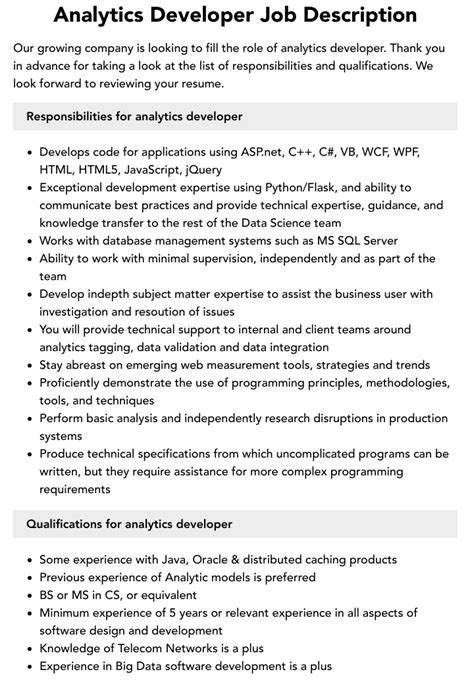 Analytics Developer Job Description Velvet Jobs