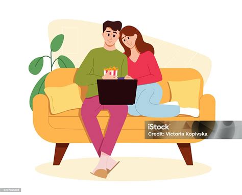 커플을 위한 레저 및 레크리에이션 개념 결혼한 커플이 소파에서 영화를 보고 있습니다 함께 시간을 보내는 남편과 아내 벡터 평면 그림입니다 가계에 대한 스톡 벡터 아트 및