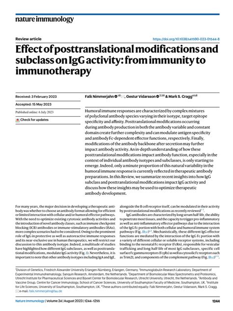 Effect Of Posttranslational Modifications And Subclass On Igg Activity From Immunity To