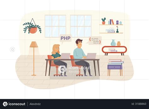 Man And Woman Works On Laptops Fixing Bugs In Program Code Illustration Free Download