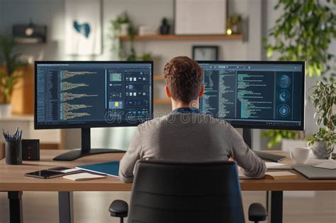 Programmer At Work With Dual Monitors Stock Illustration Illustration