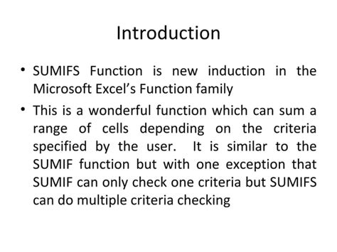 Excel SUMIFS Function PPT
