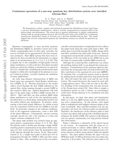 Pdf Continuous Operation Of A One Way Quantum Key Distribution System Over Installed Telecom Fibre