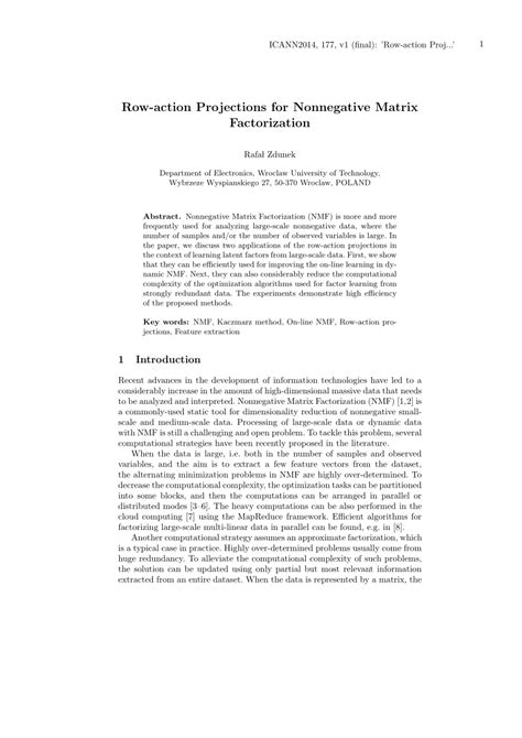 Pdf Row Action Projections For Nonnegative Matrix Factorization