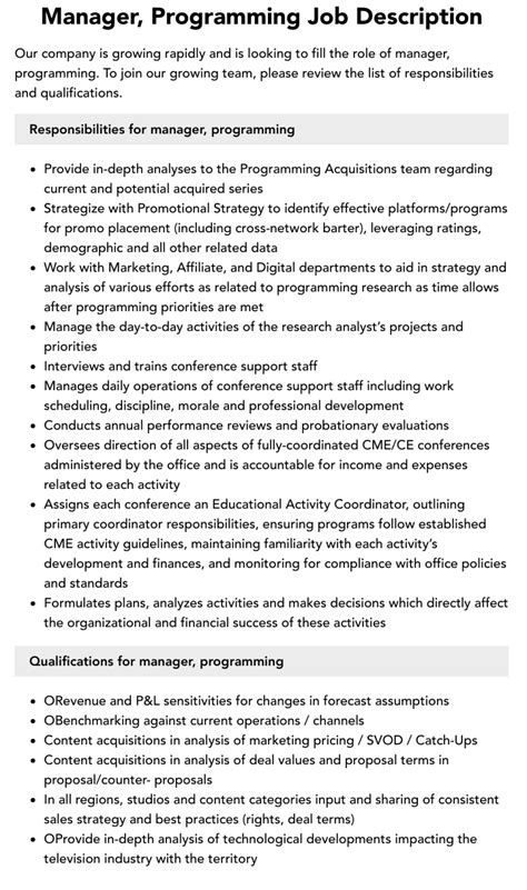 Manager Programming Job Description Velvet Jobs