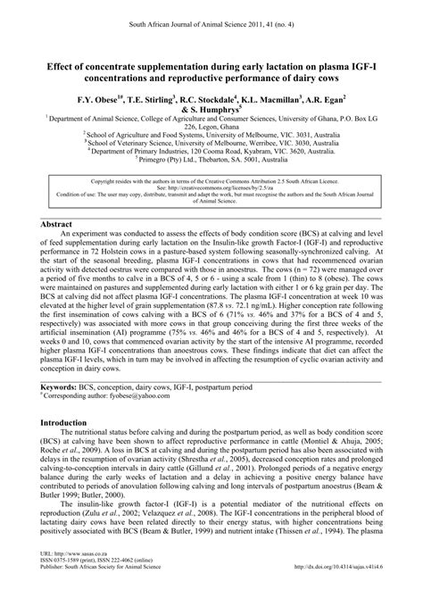 Pdf Effect Of Concentrate Supplementation During Early Lactation On Plasma Igf I