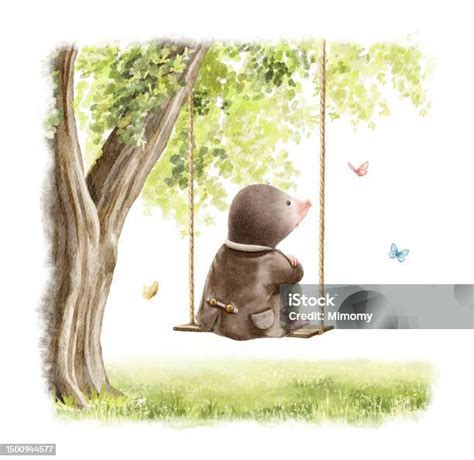 옷에 작은 두더지가 있는 수채화 만화 구성은 나무 옆에서 그네를 타고 있다 발톱 달린 발에 대한 스톡 벡터 아트 및 기타 이미지