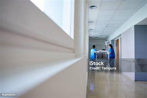 두 명의 여성 간호사가 복도를 따라 거니에서 인식 할 수없는 환자를 병실로 옮기고 있습니다 간호사에 대한 스톡 사진 및 기타