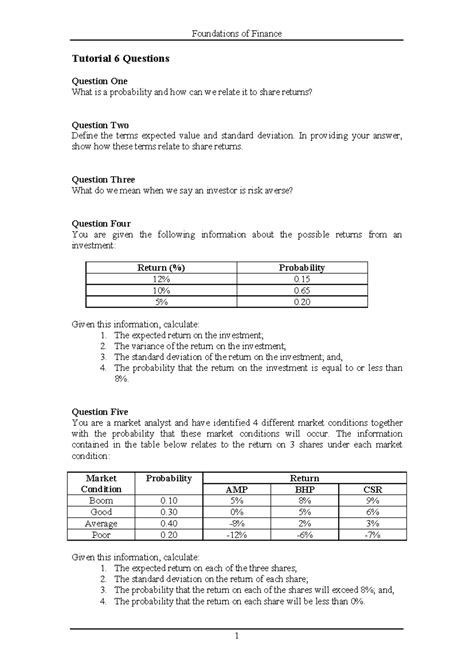 Tutorial 6 Questions Foundations Of Finance 1 Tutorial 6 Questions Question One What Is A